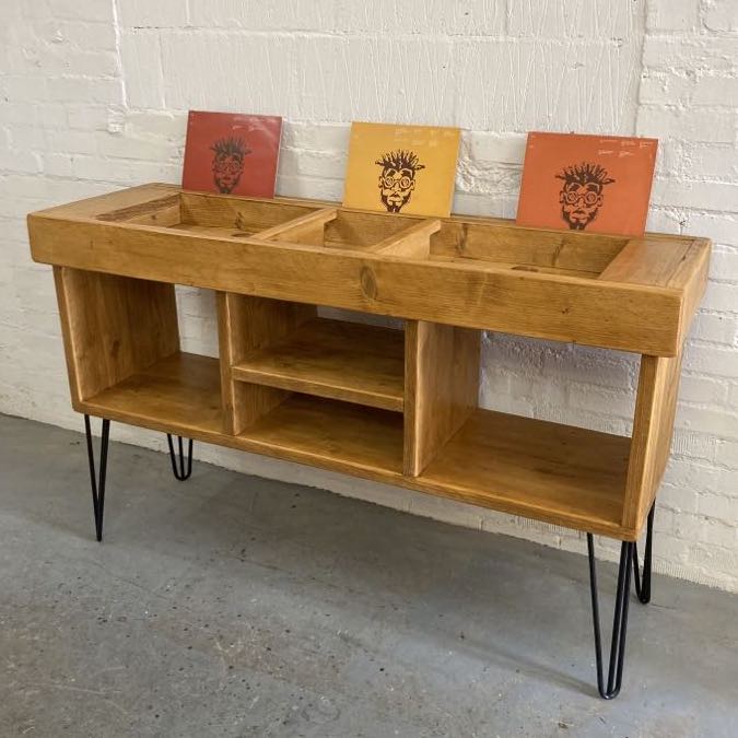 Reclaimed wood custom DJ stand in mid oak with black hairpin legs – The ...